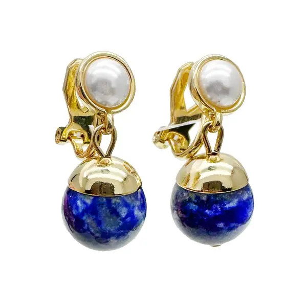FARRA Clip-on Lapis And Pearl Dangle Earrings - Blue
