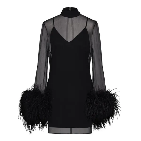 ANSE VICTORIN Silk Chiffon Mini Dress With Feather Trims