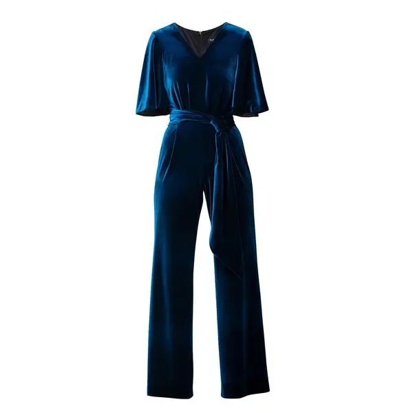 RUMOUR LONDON Layla Velvet Jumpsuit With Bell Sleeves And Sash - Blue