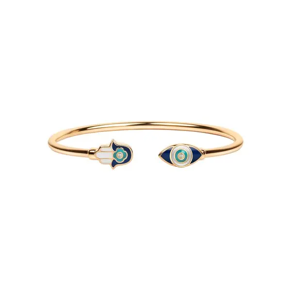 KARMA AND LUCK Enamel Hamsa Evil Eye Cuff - White/gold/blue