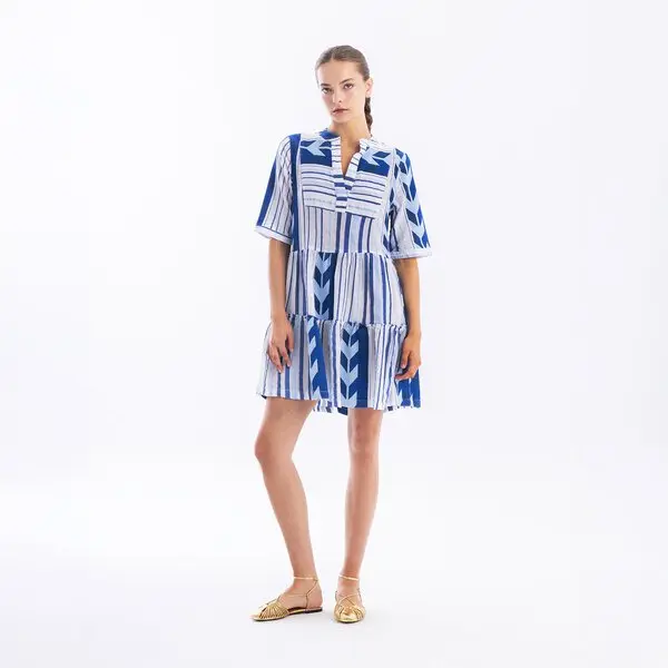 Haris Cotton Button-down Embroidered A-line Dress - Blue/white