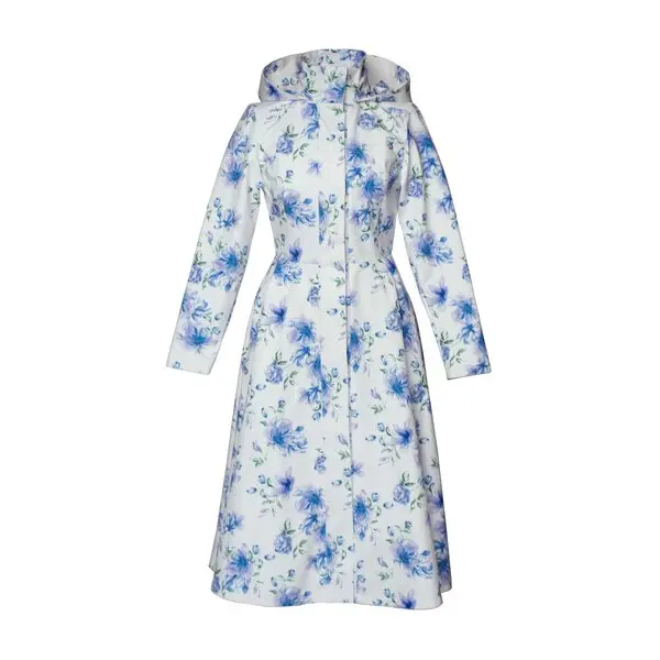 RAINSISTERS Floral Print Midi Coat - White/blue
