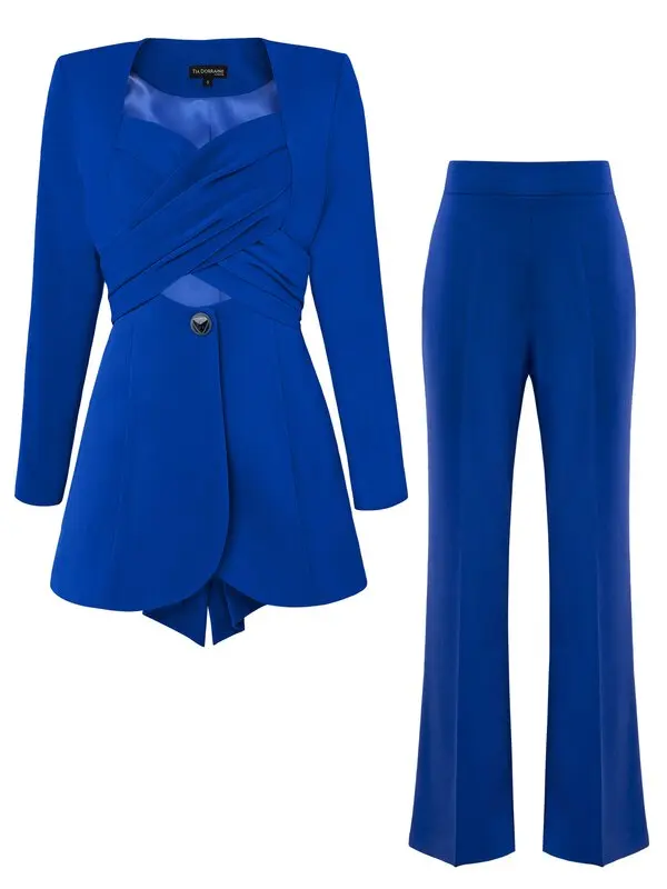 TIA DORRAINE Cross-wrap Blazer With Flared Trousers - Blue
