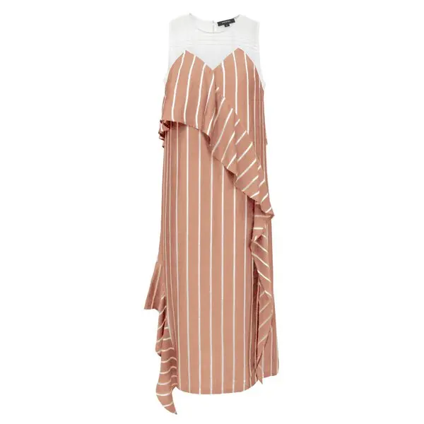 SMART AND JOY Striped Asymmetric Midi Dress - Beige