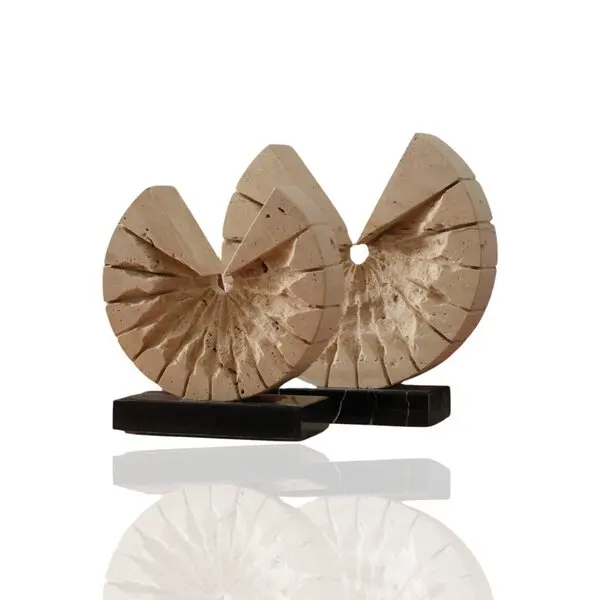 MARLETH Neutrals / Travertine Half-moon Sculptures With Marble Base - Black