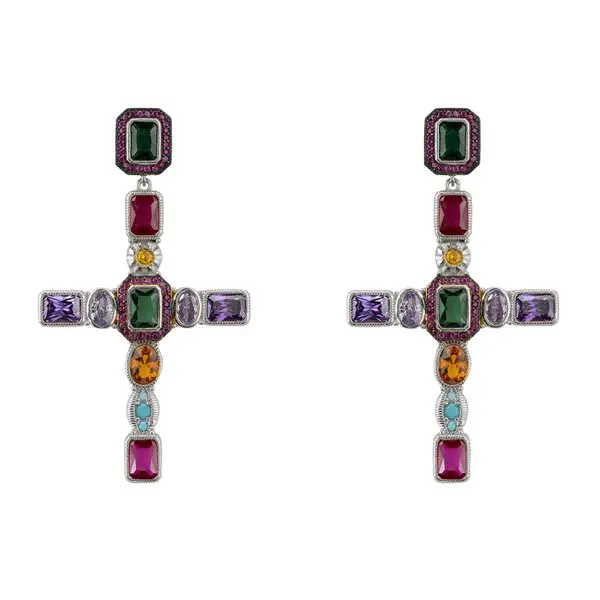 LATELITA Maria Extra Large Gemstone Cross Earrings - Silver