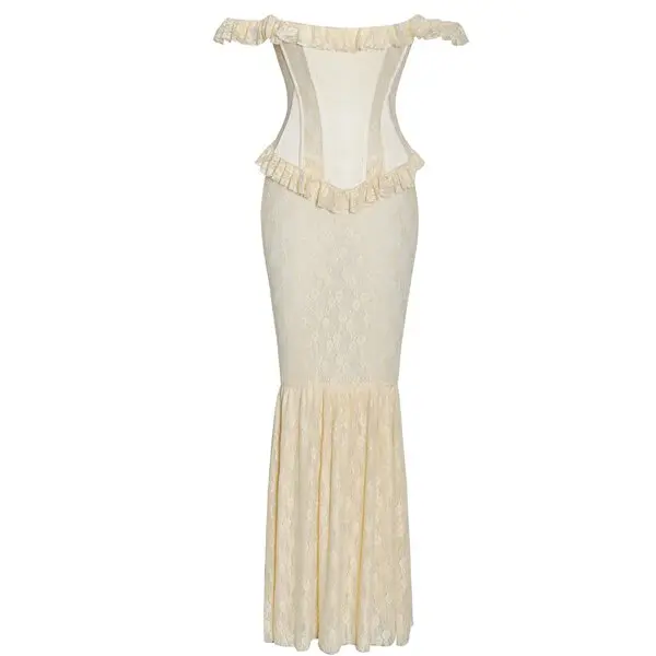 MISS CIRCLE NEW YORK Satin And Lace Peplum Corset Maxi Dress - Yellow
