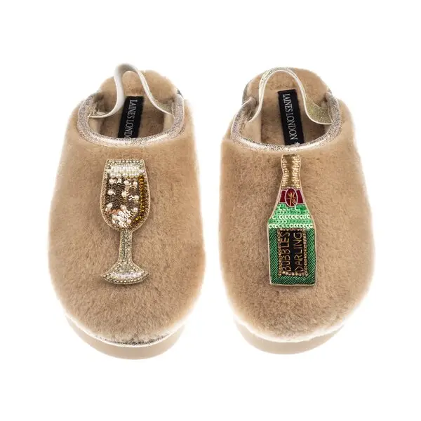 LAINES LONDON Flatform Cloud Slippers With Brooches - Brown/gold