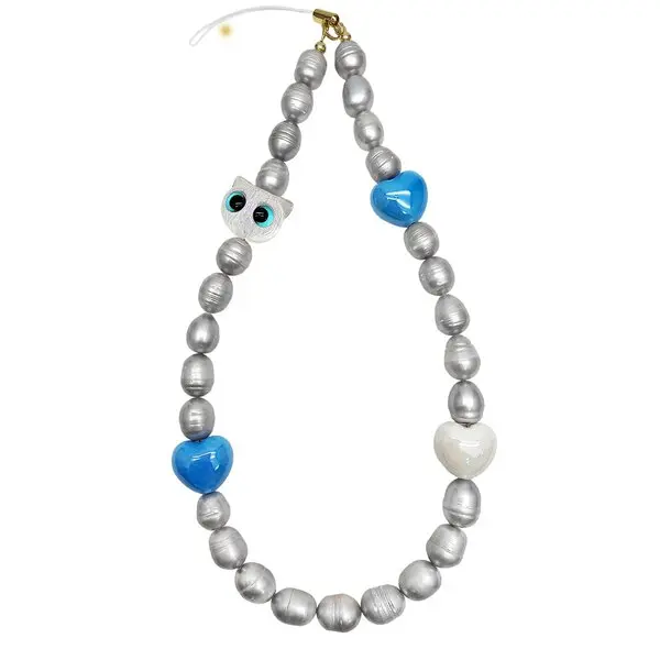 FARRA Freshwater Pearls With Cat And Blue Heart Phone Strap - Grey