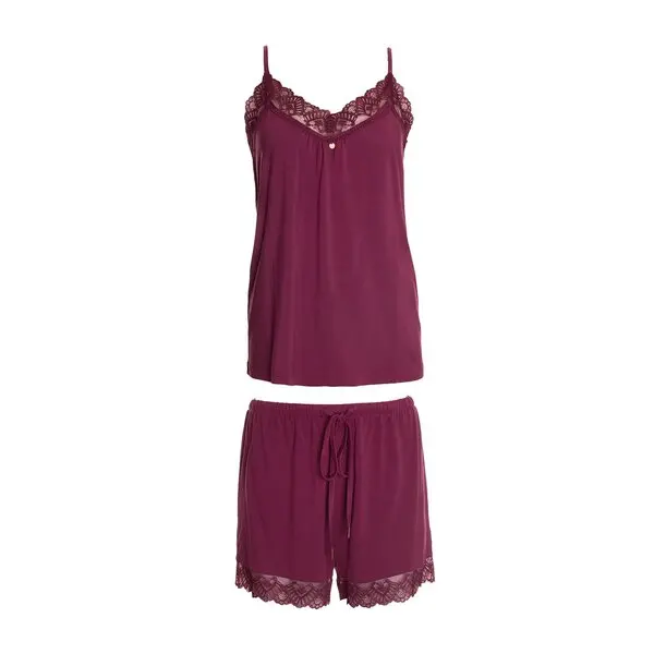 PRETTY YOU Bamboo Lace Cami Short Pyjama Set In Bordeaux - Red