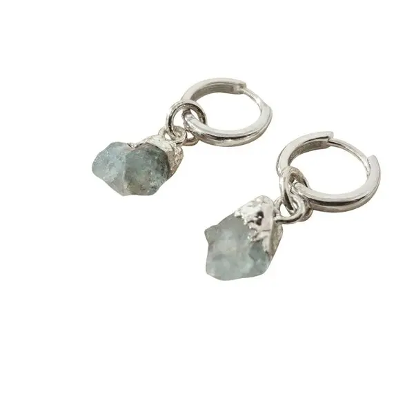 HARFI Raw Aquamarine Sterling Silver Huggie Earrings - Silver/blue