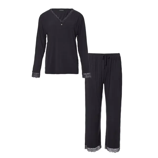 PRETTY YOU Black / Grey Bamboo Lace V-neck Pyjama Set In Raven - Black/grey