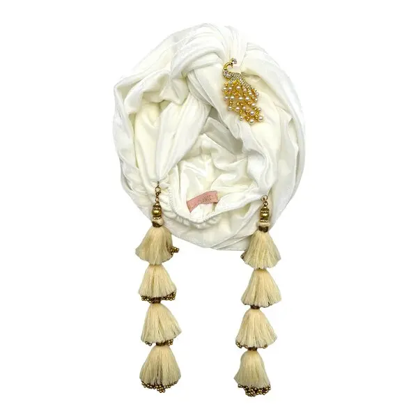 JULIA CLANCEY Dorado Turban With Peacock Brooch - White/yellow