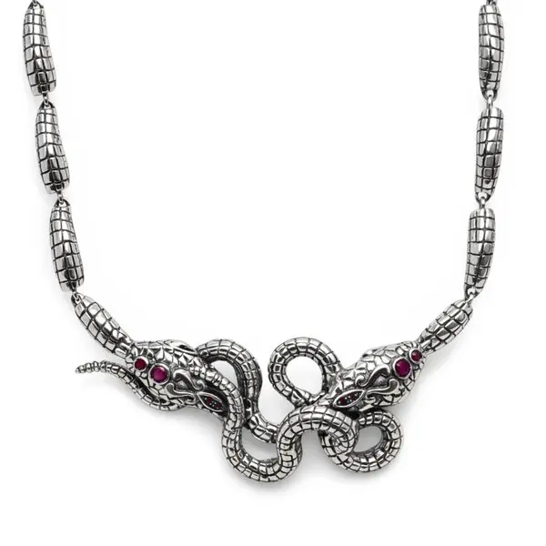 UNALOE Sterling Silver Double Snake Necklace With Rubies - Silver/red