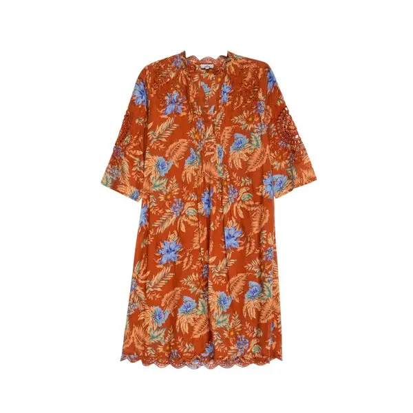 NIZA Printed Cotton V-neck Dress With Embroidered Details - Orange