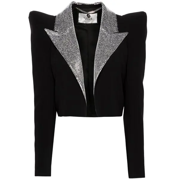 NISSA Crystal-embellished Cropped Blazer - Black