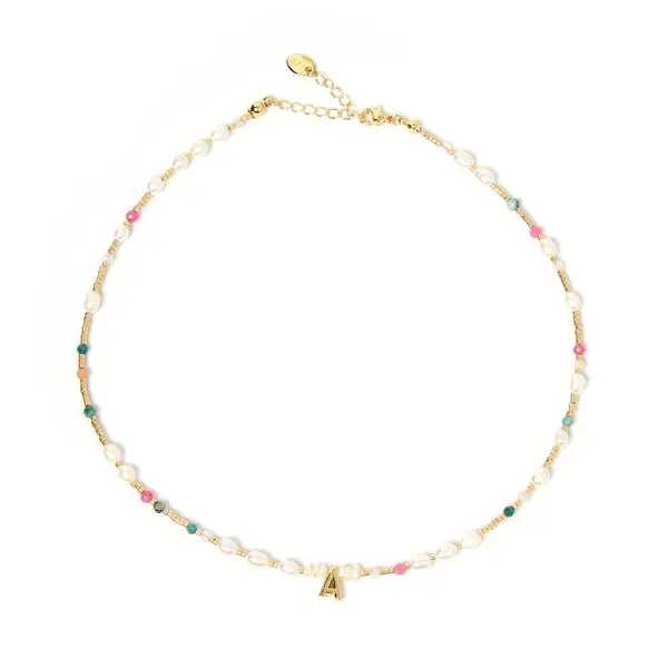 ARMS OF EVE Beaded Gemstone & Pearl Initial Necklace - Gray/yellow
