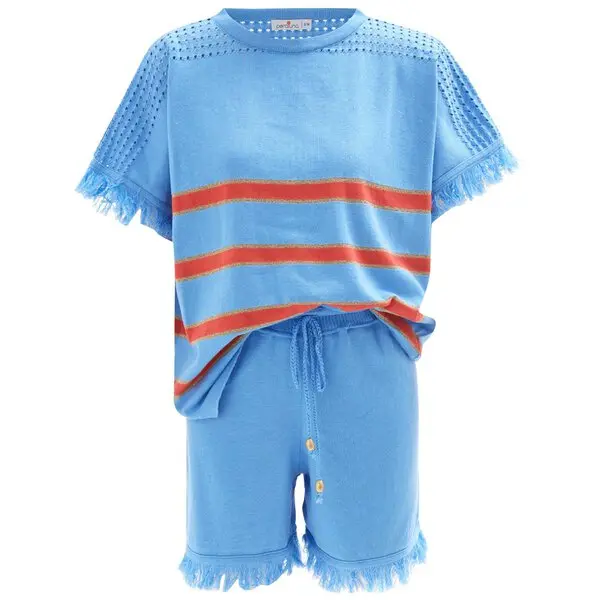 PERALUNA Knitted Blouse & Shorts Set - Blue/red