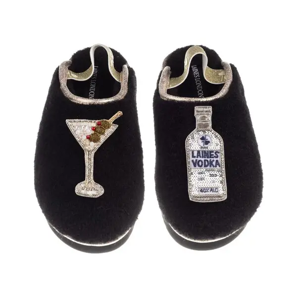 LAINES LONDON Flatform Cloud Slippers With Brooches - Black/gold