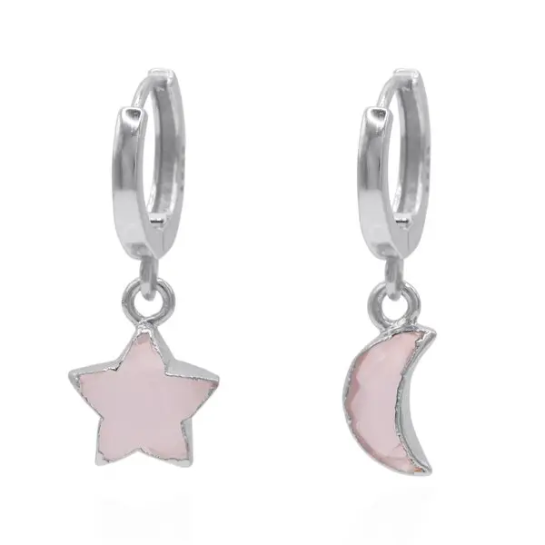 LUNA CHARLES Joni Rose Quartz Star & Moon Charm Huggies - Pink/silver