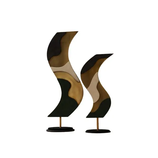 MARLETH Black / Brown Set Of Two Abstract Velvet & Wood Sculptural Decor - Black/brown