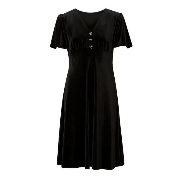 YUMI Velvet Skater Dress With Dimante Bow Detail - Black