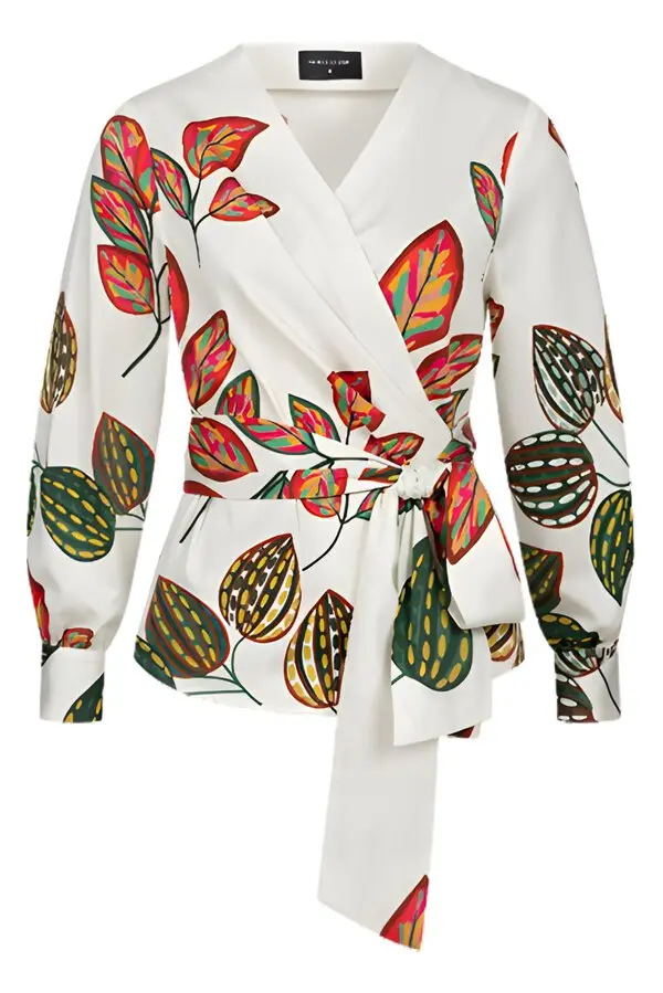 MARIANNA DÉRI Leaf Print Wrap Blouse - White
