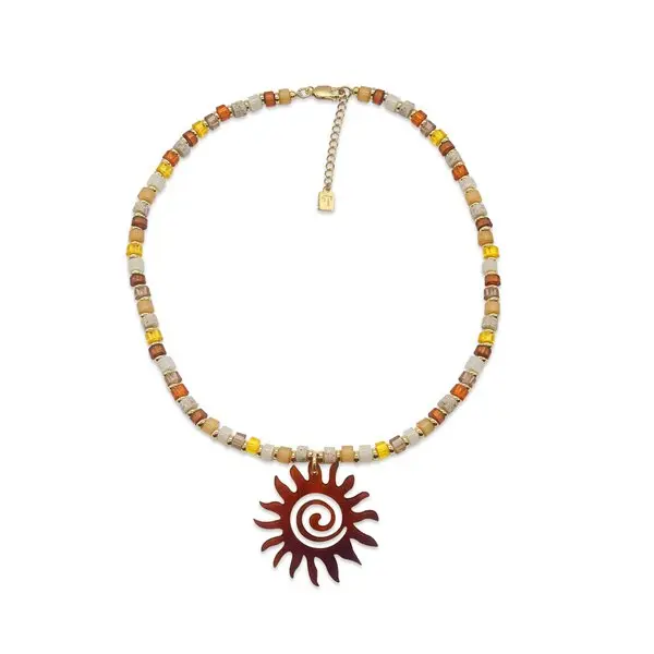 TOOLALLY Beaded Necklace With Sun Pendant - Gold/brown/orange
