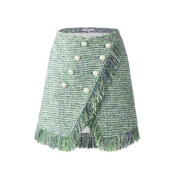 SOLGO ATELIER Cora Asymmetrical Tweed Bouclé Mini Skirt - Green