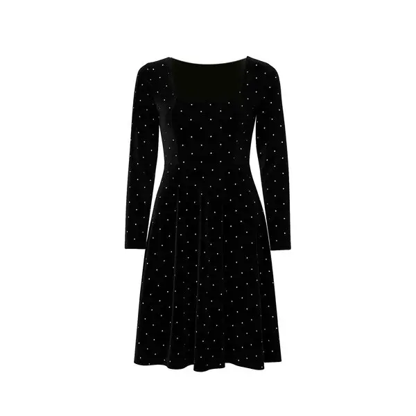 YUMI Skater Dress With Diamantes & Long Sleeve - Black