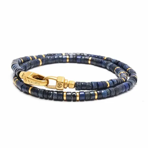 NIALAYA JEWELRY Lapis Heishi Wrap Bracelet With Gold Lock - Blue/gold
