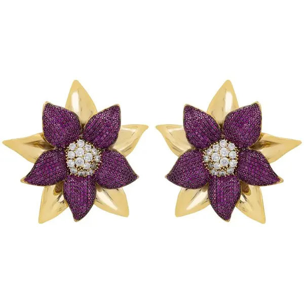 LATELITA Marguerite Daisy Flower Stud Earrings With Ruby And White Zirconia - Gold/yellow/white
