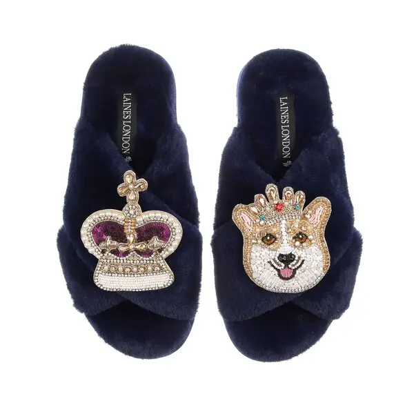 LAINES LONDON Classic Slippers With Sandy The Corgi & Royal Crown Brooches - Blue