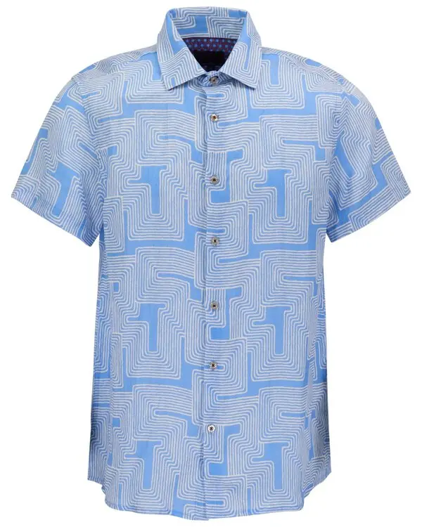 LORDS OF HARLECH Landon Inter Twine Linen Button-up Shirt - Blue