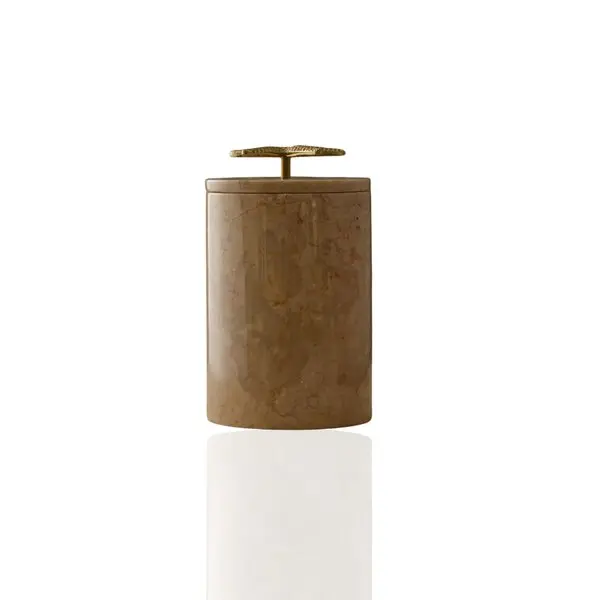 MARLETH Handcrafted Marble Waste Bin & Beige Stone With Brass Handle - Brown