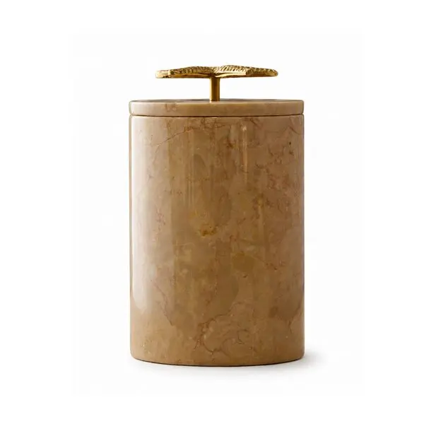 MARLETH Handcrafted Marble Waste Bin & Beige Stone With Brass Handle - Brown