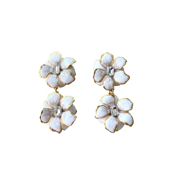 THE PINK REEF Bride Double Floral Drop Earrings - White