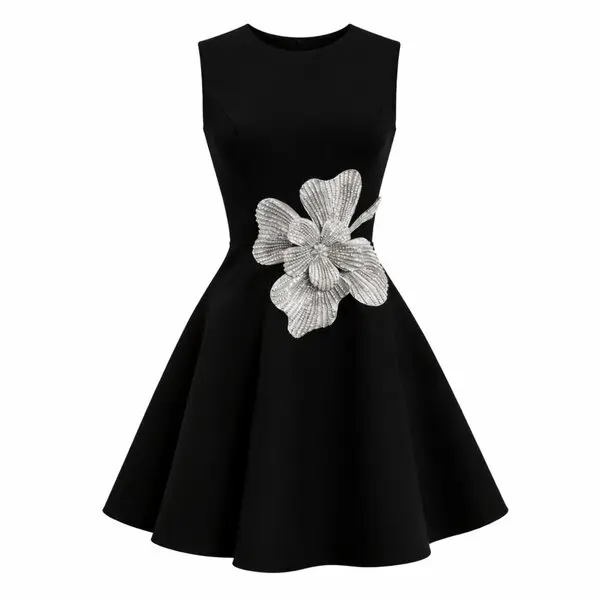 Mac Duggal Crepe Mini Dress With Rhinestone Flower - Black
