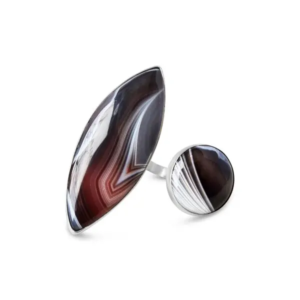 GLAMROCKS JEWELRY Botswana Agate Double Stone Statement Ring - Silver/white