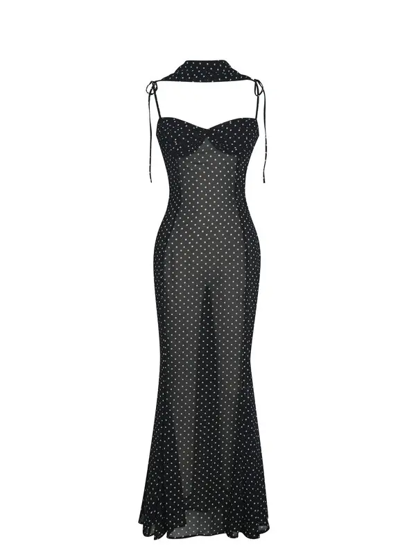 MISS CIRCLE NEW YORK Polka Dot Chiffon Maxi Dress With Scarf - Black