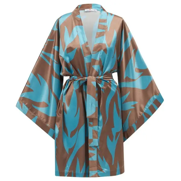 PERALUNA Kalinda Satin Short Kimono Turquoise/brown