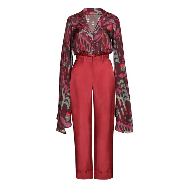 MAISON QALA Habutai Silk Cape Top And Satin Twill Pants Set - Red