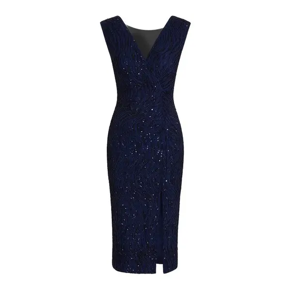 YUMI Sequin Fitted Wrap Dress With Split Hem In Navy - Blue