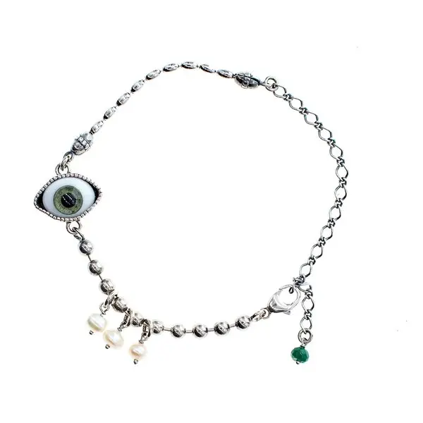 GEM KINGDOM Silver Eye And Pearl Bracelet - Silver/green