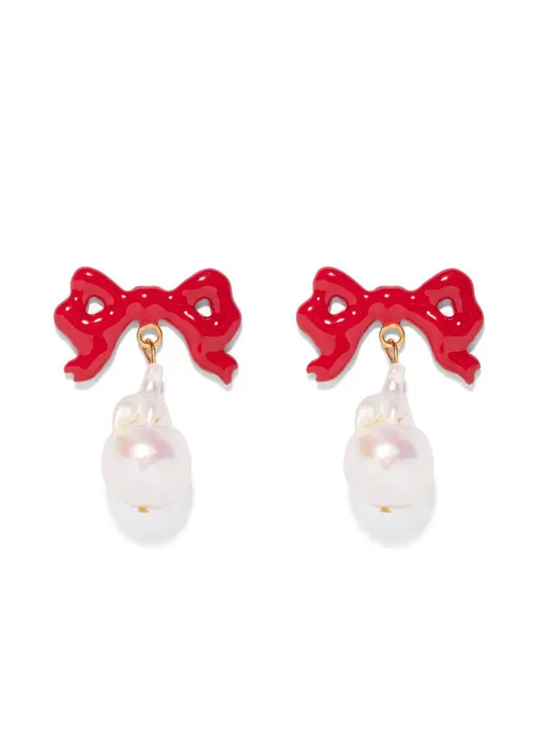 THE PINK REEF Bow And Baroque Pearl Earrings - Red