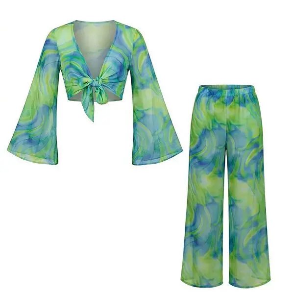 LOVEIST STORE Chiffon Wide-leg Trousers & Tie-front Blouse Co-ord Set - Green/blue