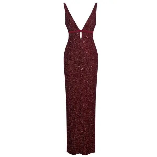 MISS CIRCLE NEW YORK Sequin Beaded Keyhole Maxi Dress - Red