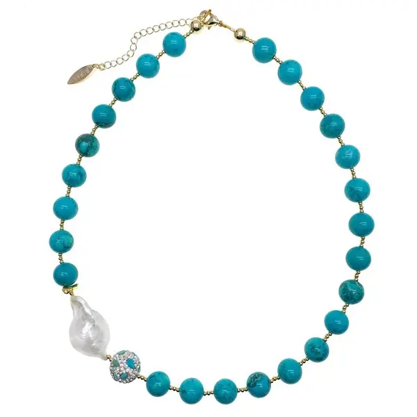 FARRA Turquoise, Baroque Pearl, And Rhinestone Necklace - Green
