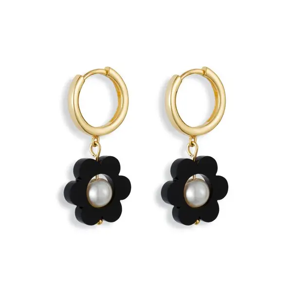 TOOLALLY Flower Pearl Huggie Earrings - Black/gold