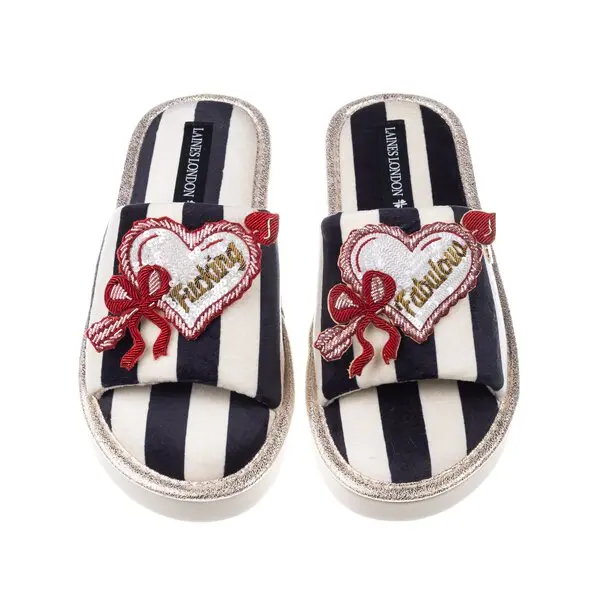 LAINES LONDON Flatform Stripe Open Toe Slippers With Brooches - Black/white